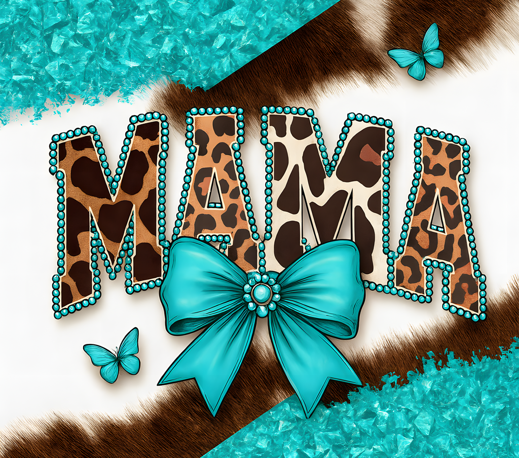 Mama Leopard Print 20oz Stainless Steel Tumbler — Turquoise Bow & Glit ...